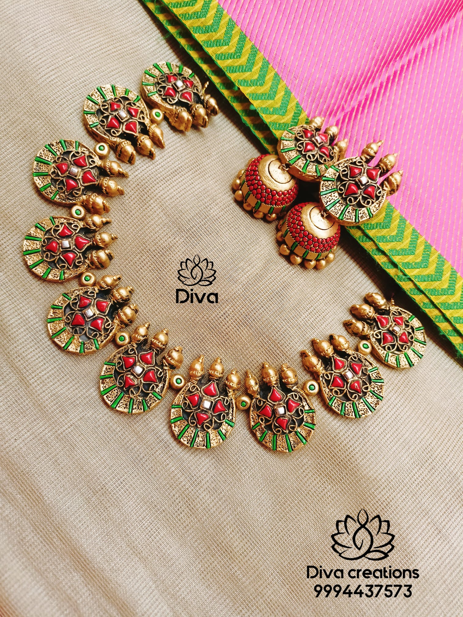 Red green lined terracotta jewellery – Diva Creations Terracotta Jewellery