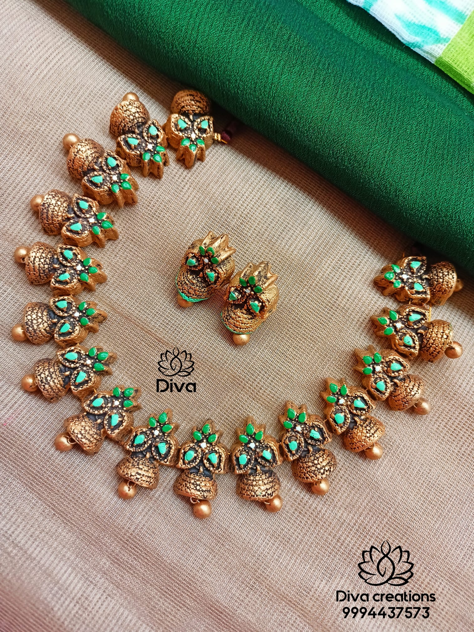 Green jumka terracotta jewellery – Diva Creations Terracotta Jewellery