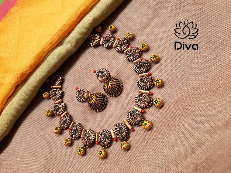 Antique-green-yellow peacock terracotta jewellery – Diva Creations ...