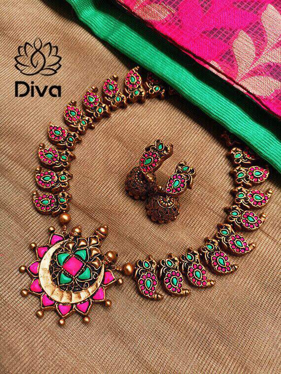 Pink Ethnic Peacock Terracotta Jewellery – Diva Creations Terracotta ...